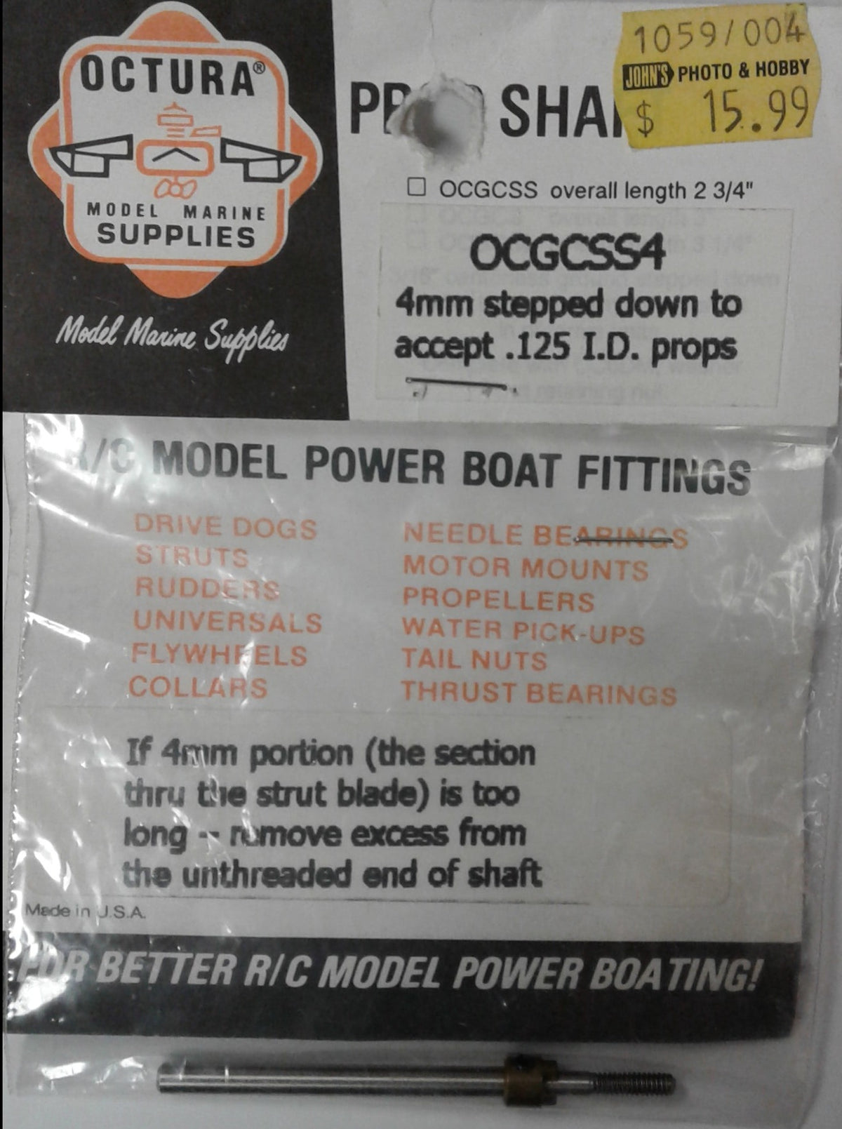 OCTURA - OCGCSS4 - PROP SHAFT - STEPPED DOWN TO ACCEPT .125 I.D. PROPS| Hobbyplex